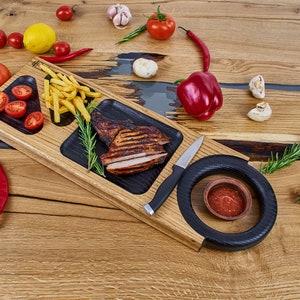 Wooden Serving Board With Large Handle, Handcrafted BBQ Tray, Burnt Oak ...