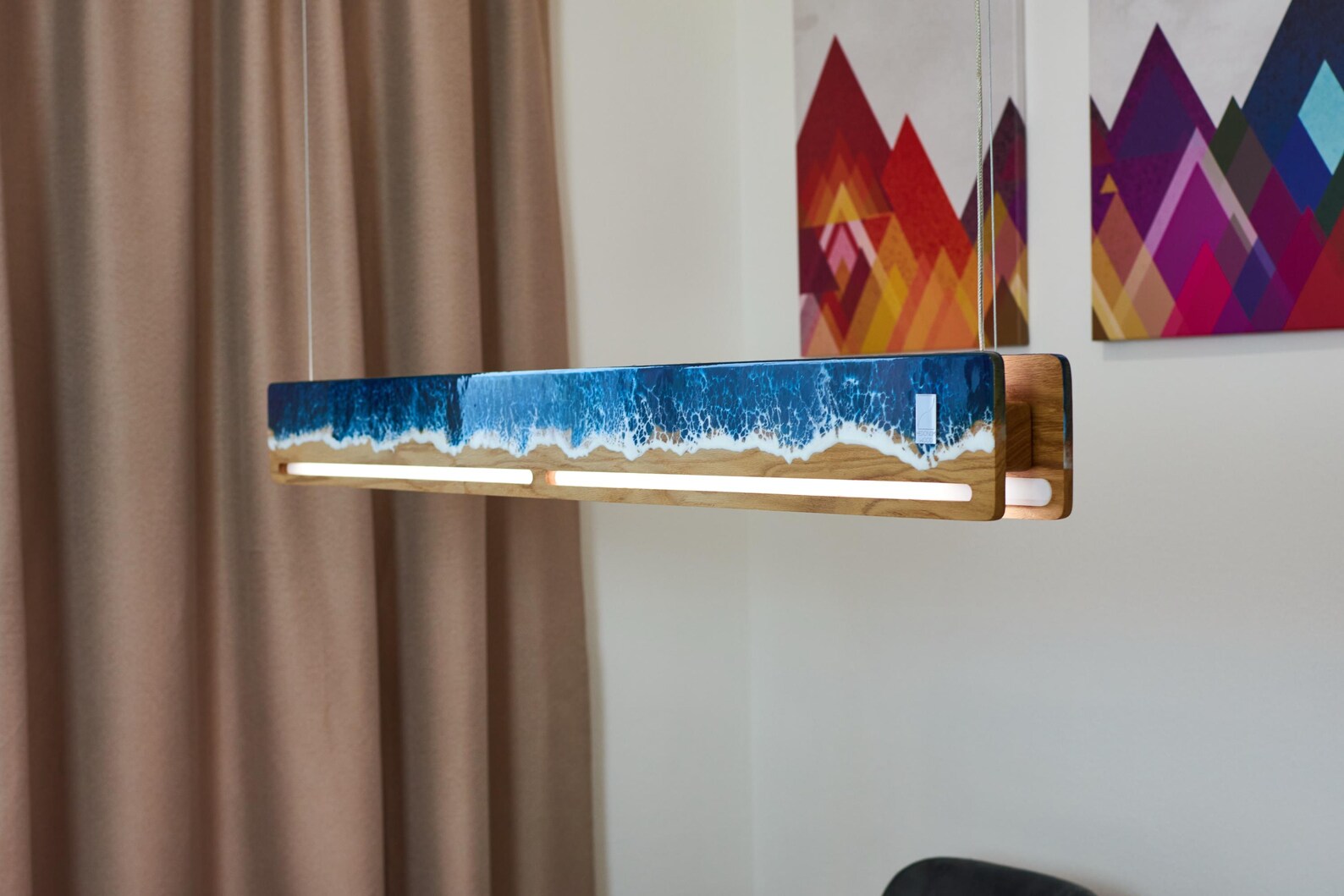 Wooden Linear Lamp, Wave Epoxy Resin LED Pendant Light With RGB, Ocean ...