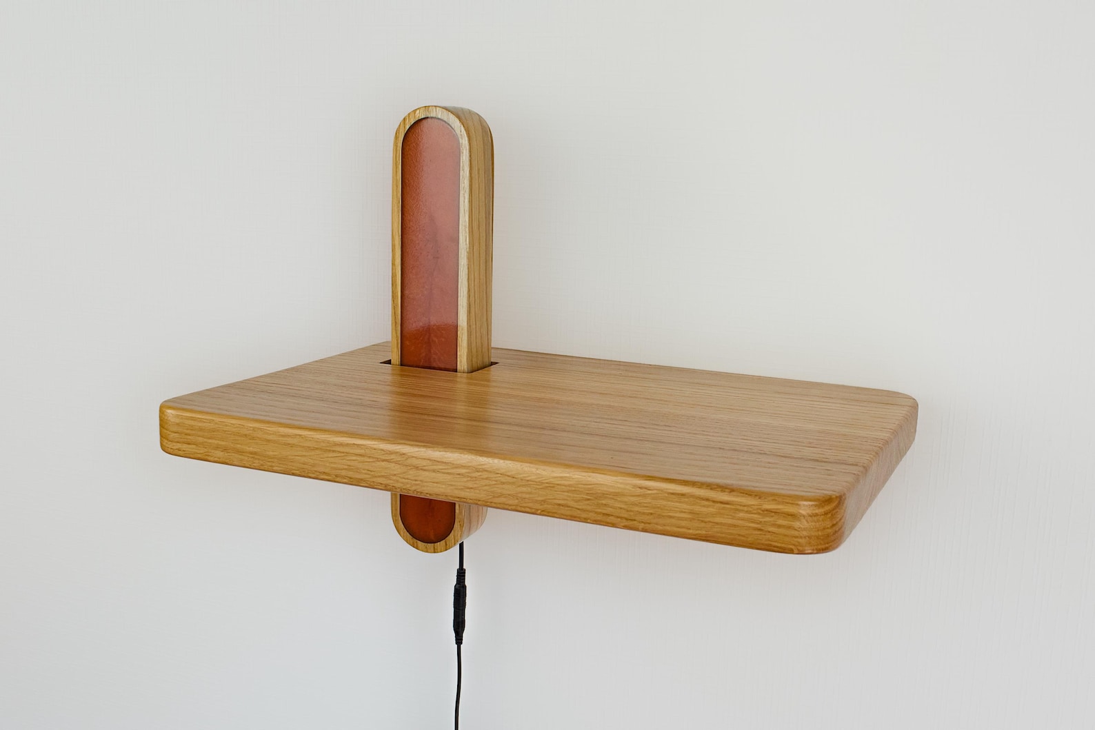 Oak Wall Shelf for Bedroom, Stylish Bedside Shelf With Built-in Lamp ...