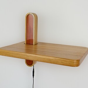 Oak Wall Shelf for Bedroom, Stylish Bedside Shelf With Built-in Lamp ...