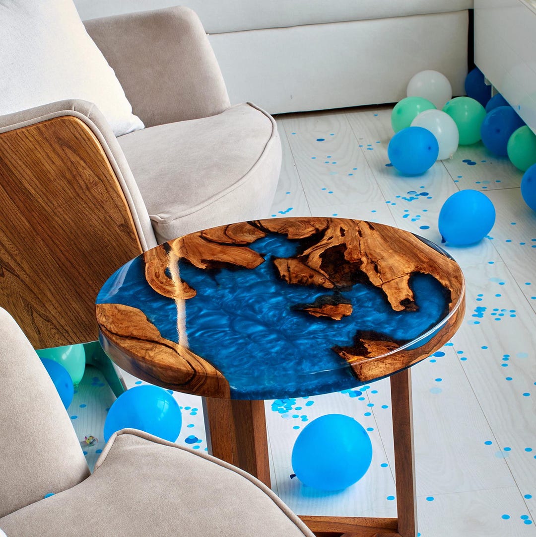 Pearl Blue Epoxy Coffee Table for Living Room, Handcrafted Round End ...