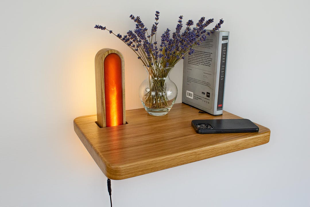Stylish Bedside Shelf With Built-in Lamp, Oak Wall Shelf for Bedroom ...