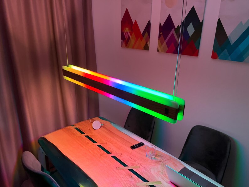 Modern Wood & Epoxy LED Chandelier, Adjustable RGB Pendant Light, Smart ...