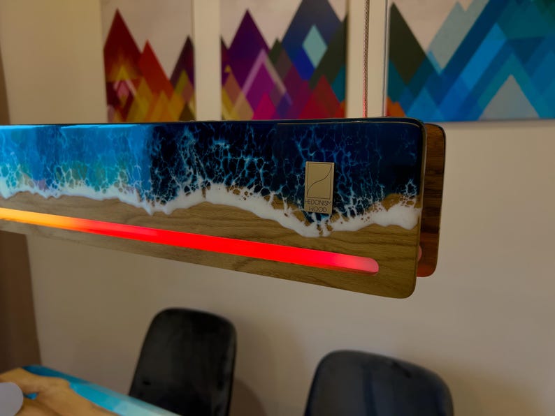 Wave Epoxy Resin LED Pendant Light With RGB, Wooden Linear Lamp, Ocean ...