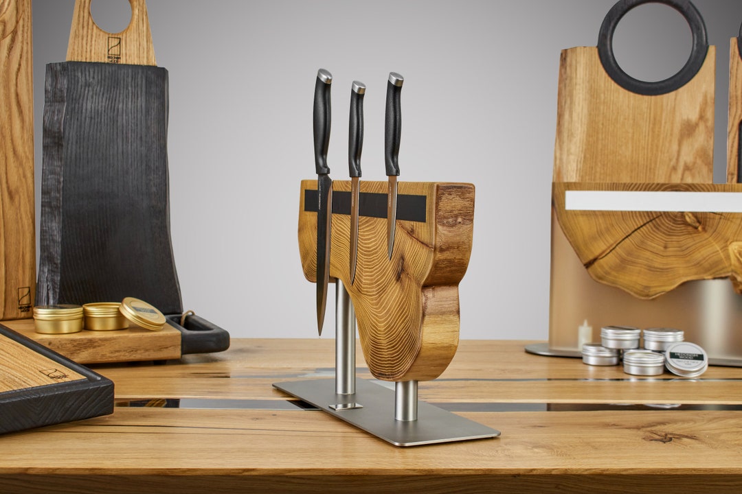 Handmade Natural Wood Knife Stand, Magnetic Knife Rack, Custom Engraved ...