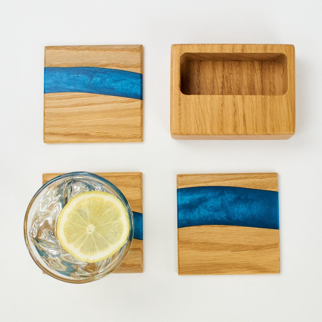 Handcrafted Oak Coaster With Blue Epoxy Inlay Crafted to Order ...