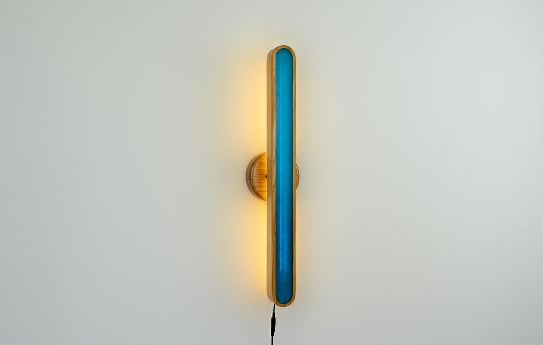 Wooden Wall Lamp, Blue Accent Light, Minimalist LED Wall Sconce, Modern ...