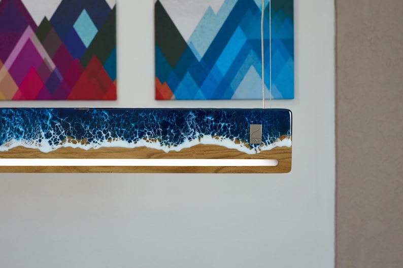 Wave Epoxy Resin LED Pendant Light With RGB, Wooden Linear Lamp, Ocean ...