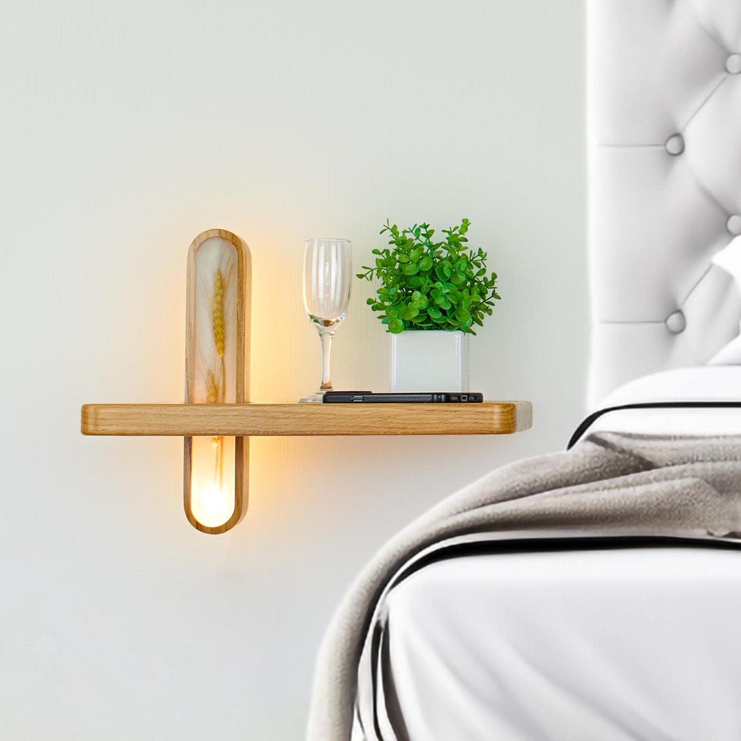 Wall Mounted Bedside Shelf With Light, Bedroom Floating Shelf, Cozy Nightstand Shelves, Rustic ...