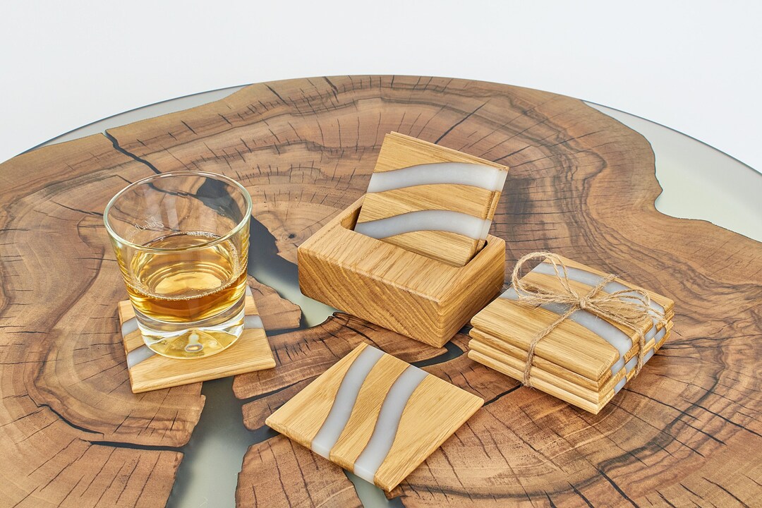 Stylish White Epoxy Coasters With Holder, Barware Gift, Mug Coasters ...