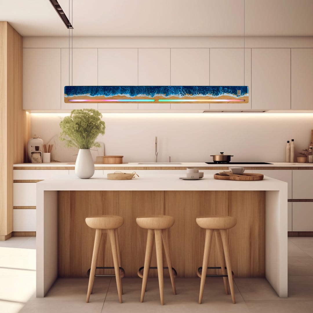 Wave Epoxy Resin LED Pendant Light With RGB, Wooden Linear Lamp, Ocean ...