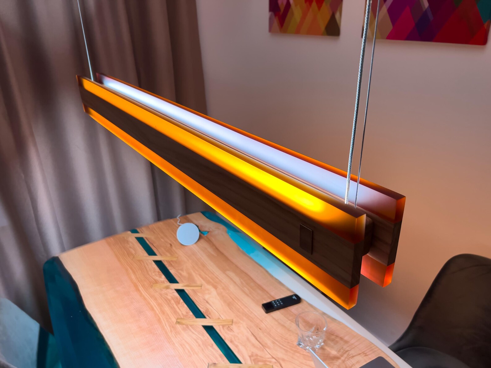 Linear Pendant Light, Wood & Epoxy Ceiling Light, Chandelier Lighting ...