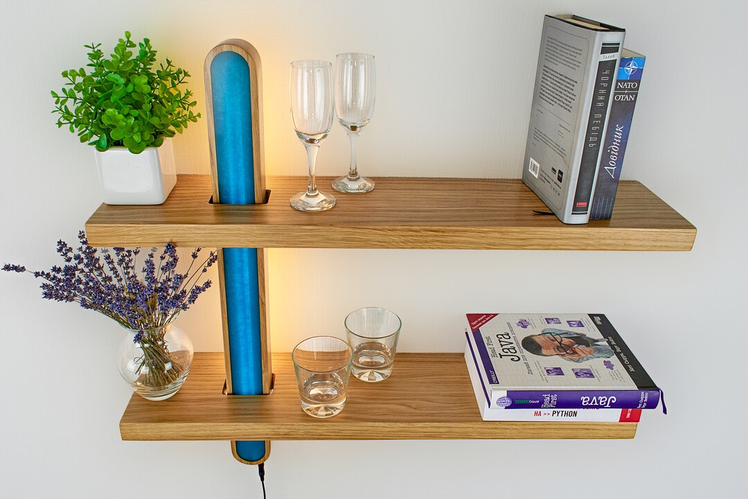 Eco Rustic Floating Wall Shelf With Integrated LED Lamp – Wood & Epoxy ...