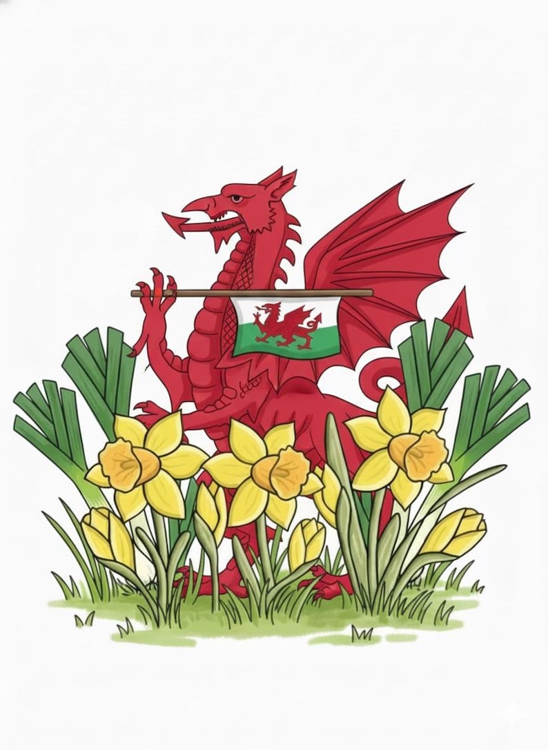 Welsh Dragon Greetings Card With Flag, Daffodils and Leeks Eco Friendly ...