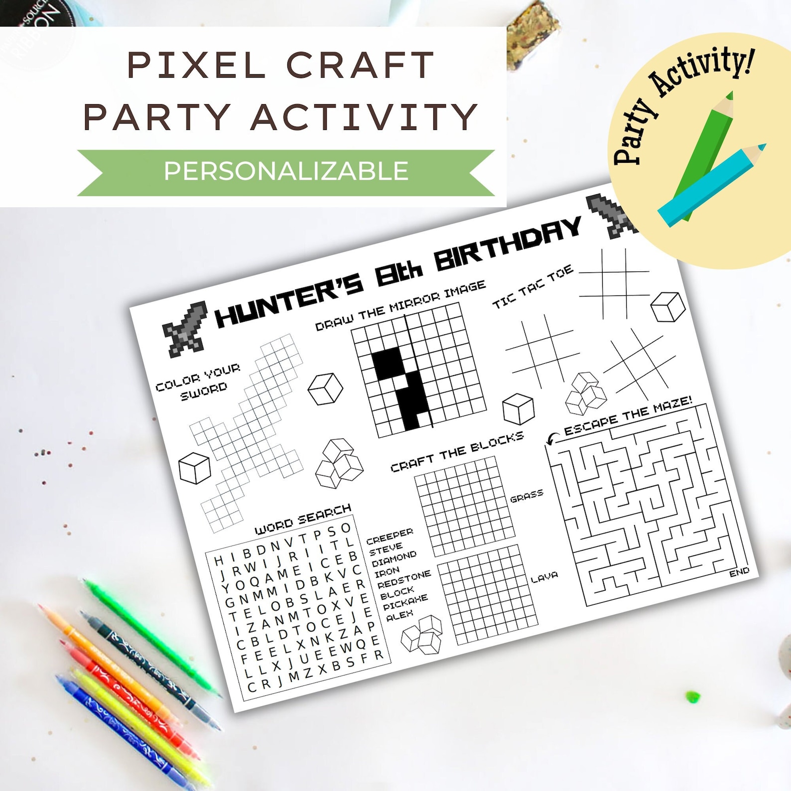 Personalizable Pixel Craft Party Activity, Printable Pixel Craft ...