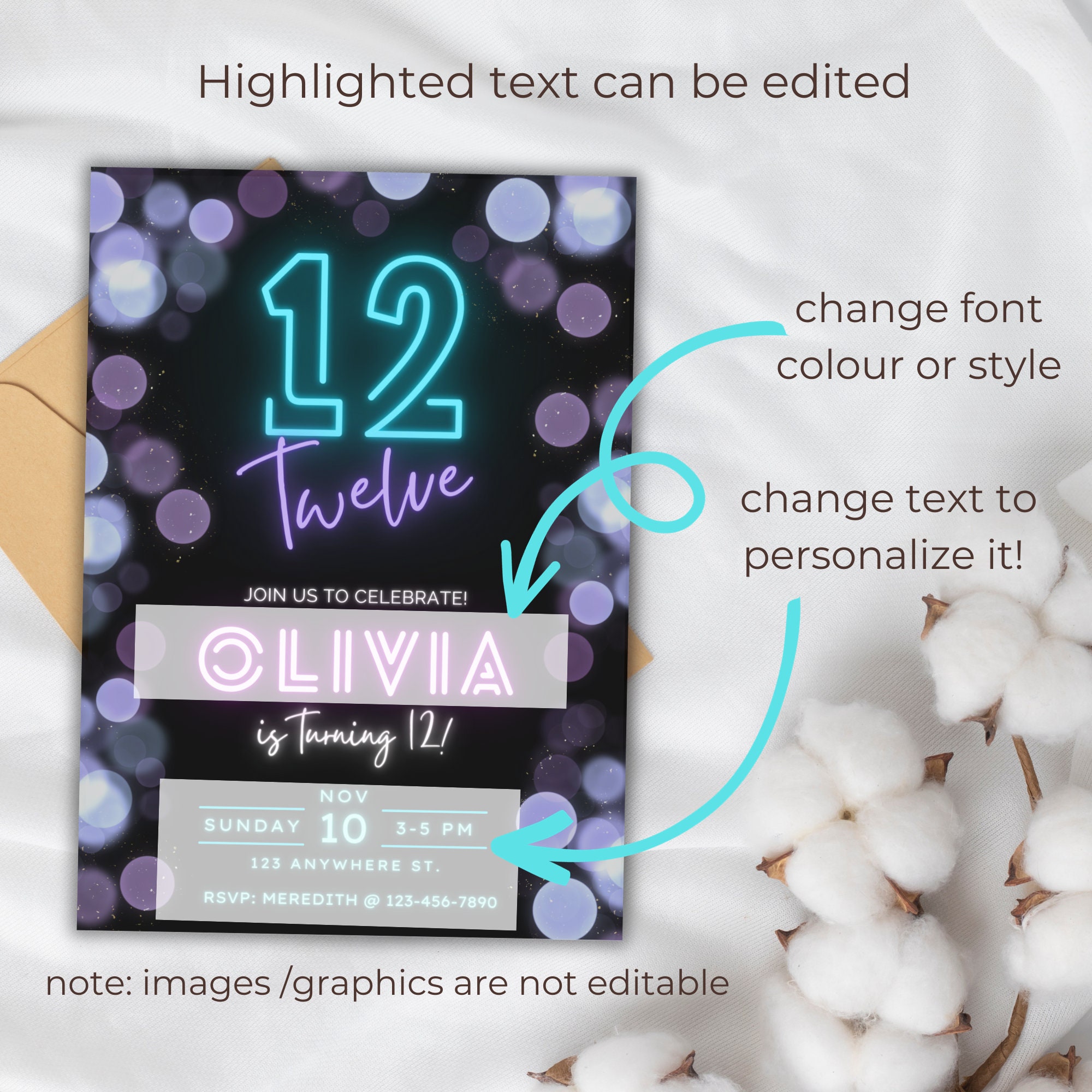Editable 12th Birthday Invitation, Printable Neon 12 Birthday ...