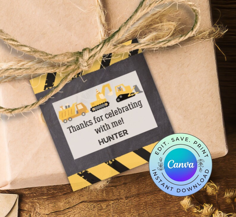 Editable Construction Thank You Tag, Printable Truck Party Favor Tag ...