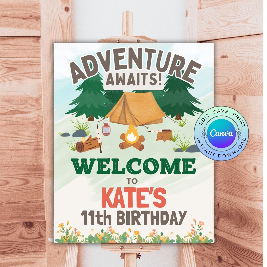 Editable Camping Party Welcome Sign, Printable Camping Birthday Welcome ...