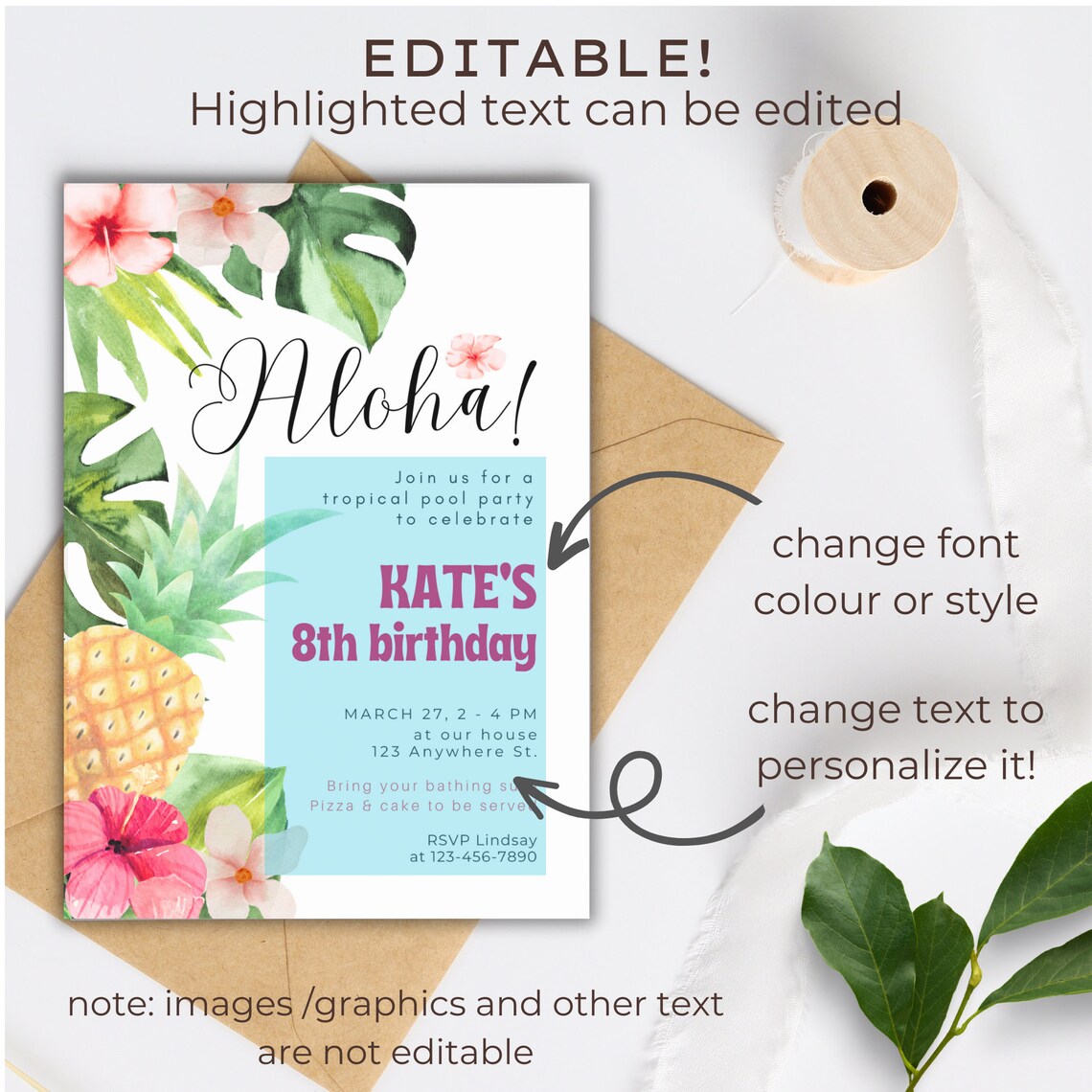 Editable Tropical Party Invitation, Printable Pool Party Birthday ...