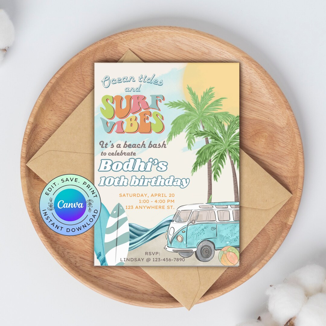 Editable Beach Bash Invitation, Printable Beach Birthday Invite, Surf ...