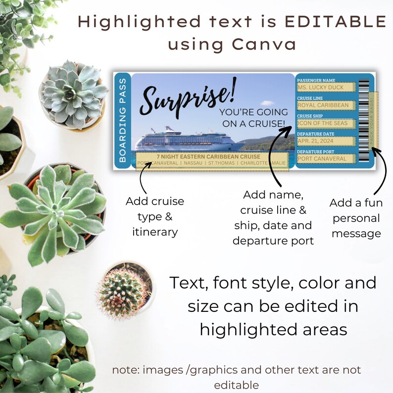Editable Surprise Cruise Reveal Ticket: Printable Boarding Pass ...