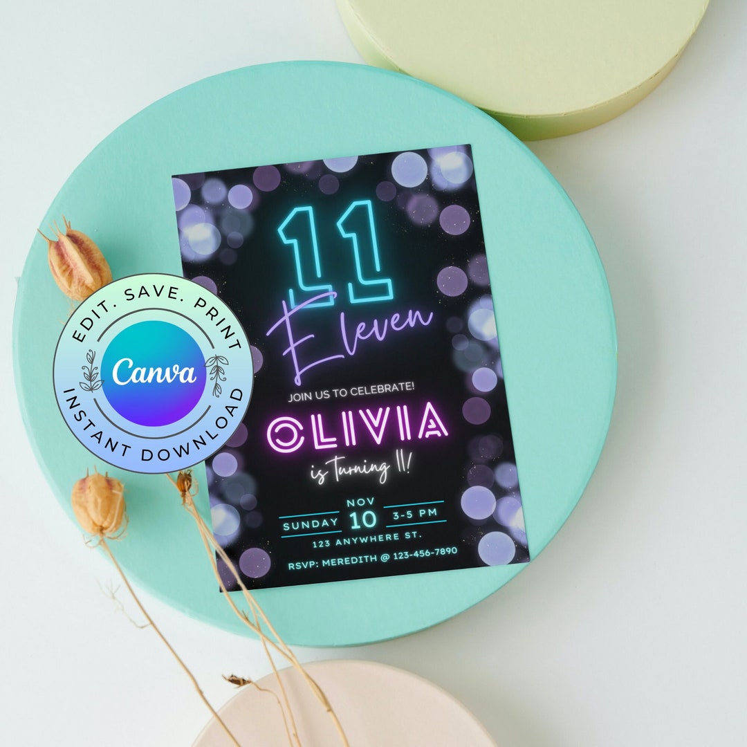 Editable 11th Birthday Invitation, Printable Neon 11th Birthday Invite ...