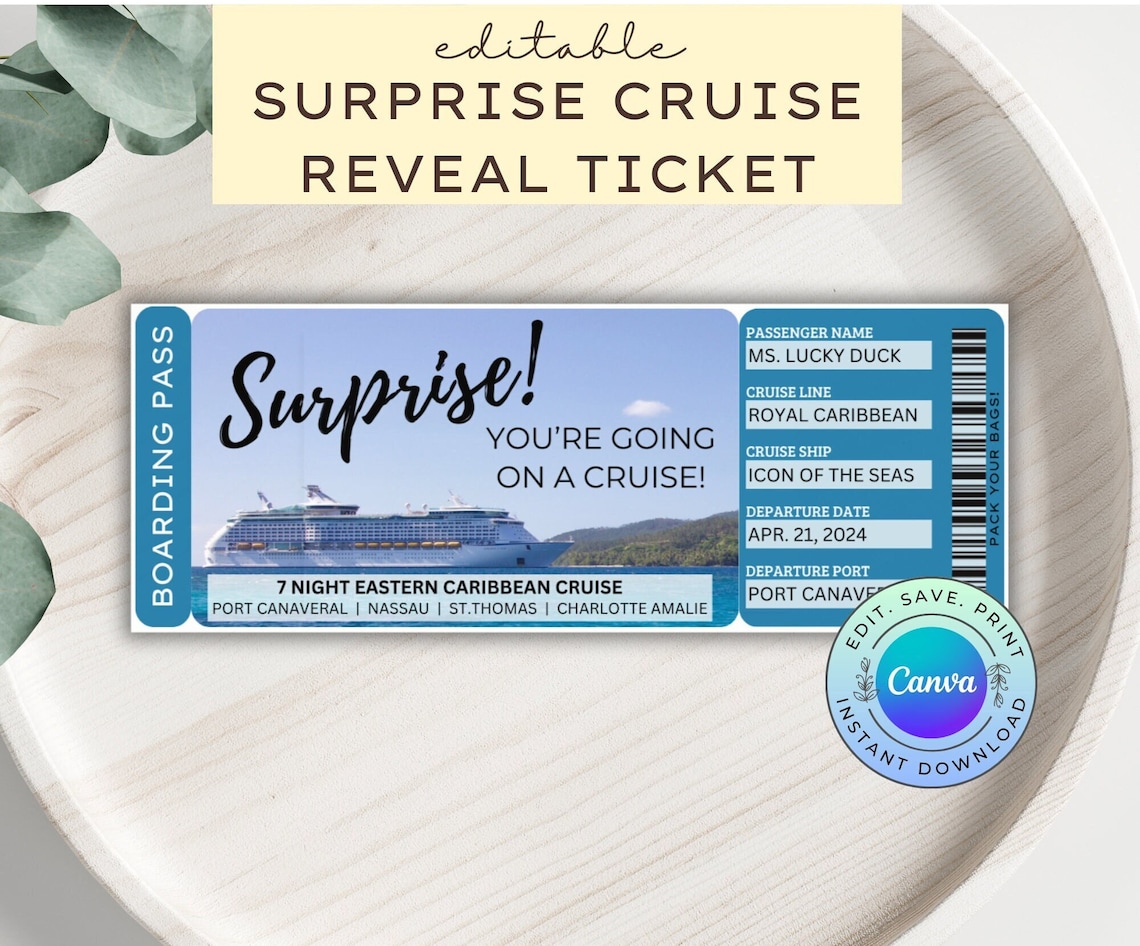 Editable Surprise Cruise Reveal Ticket, Printable Cruise Reveal Present ...