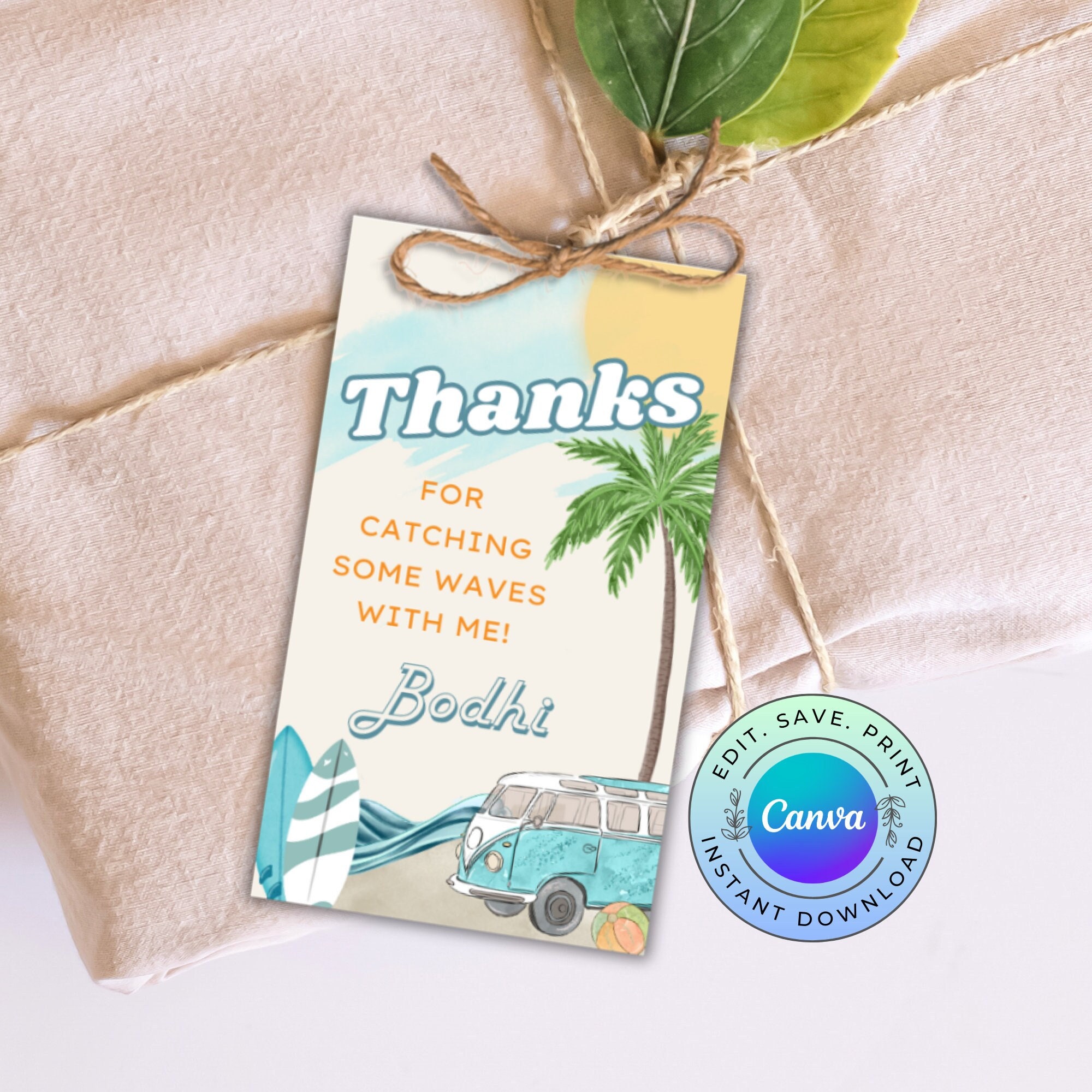 Editable Beach Bash Favor Tag, Printable Surf Birthday Thank You Tag ...
