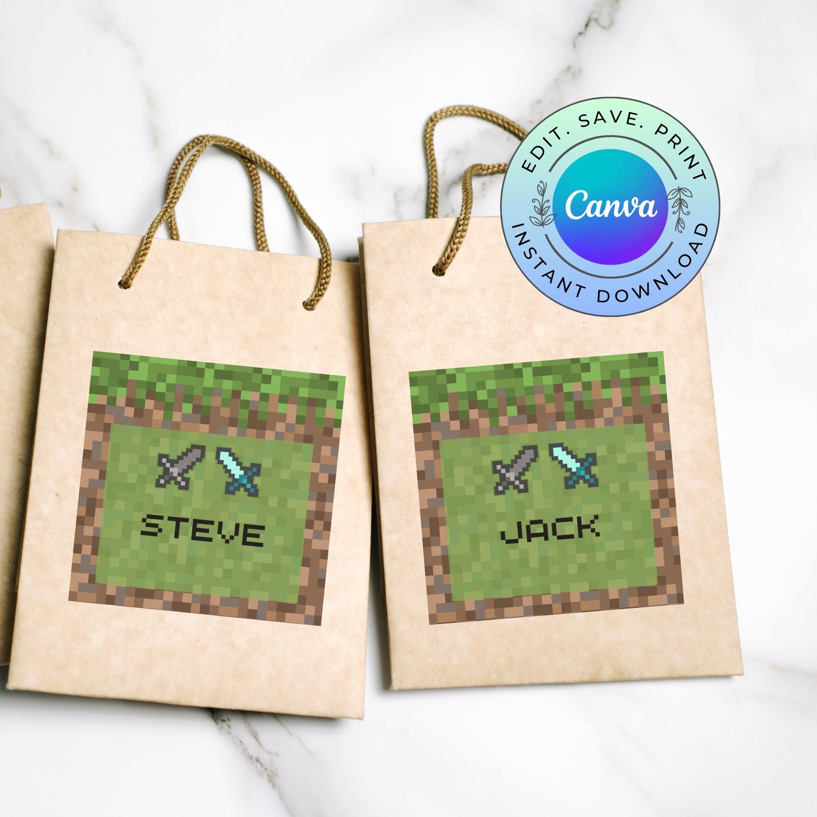 Pixel Craft Loot Bag Labels, Editable Video Game Gift Bag Tags, Pixel ...