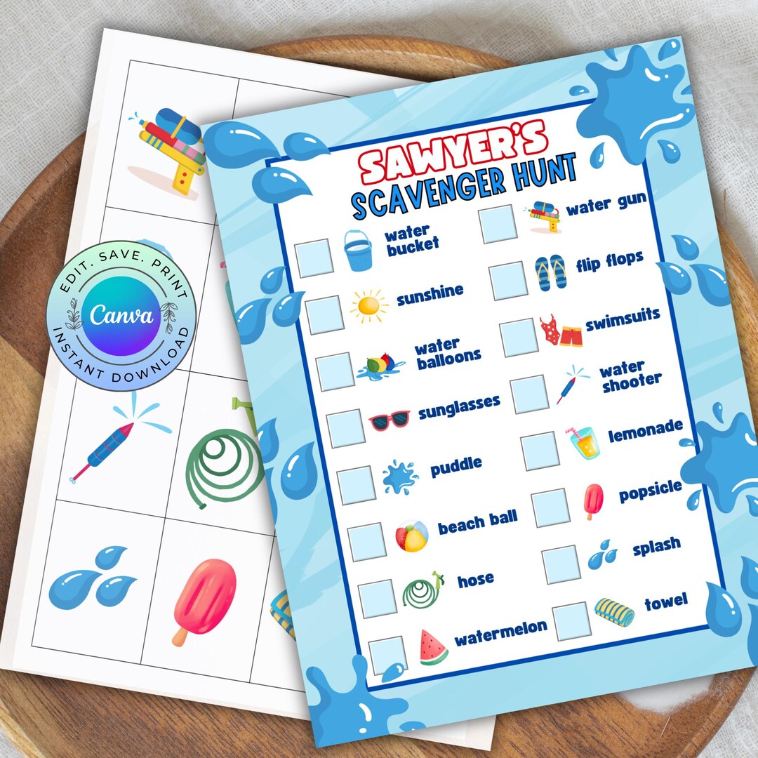 Water Gun Party Scavenger Hunt, Printable Water Bash Party Activity ...