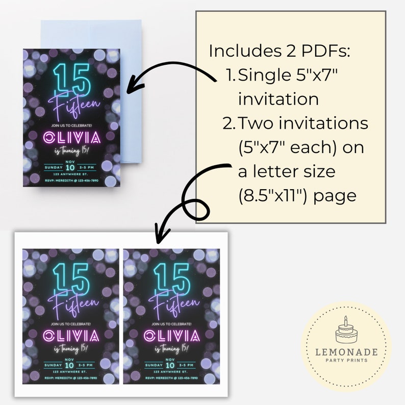 Editable Neon 15th Birthday Invitation, Girl Fifteenth Birthday Invite ...