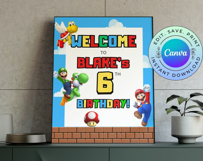 Super Mario Welcome Sign Template, Instant Editable Mario Birthday ...