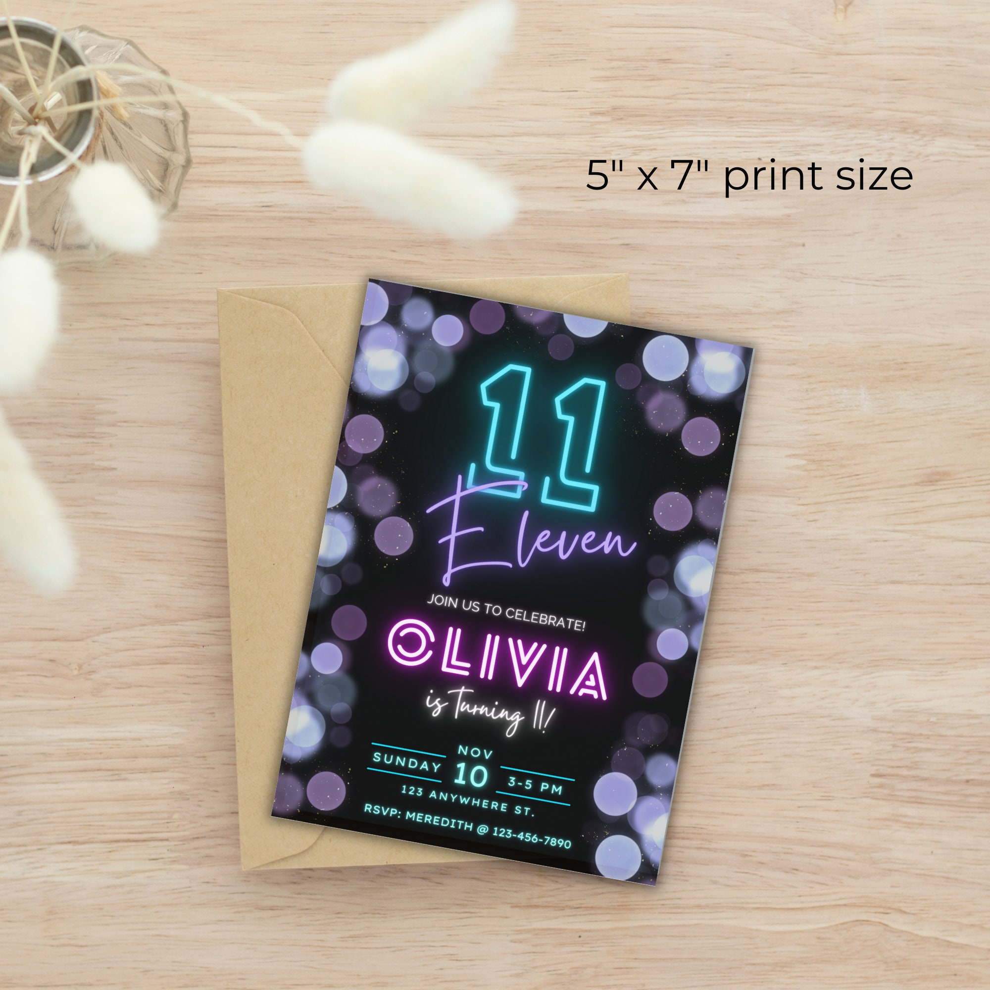 Editable 11th Birthday Invitation, Printable Neon 11th Birthday Invite ...