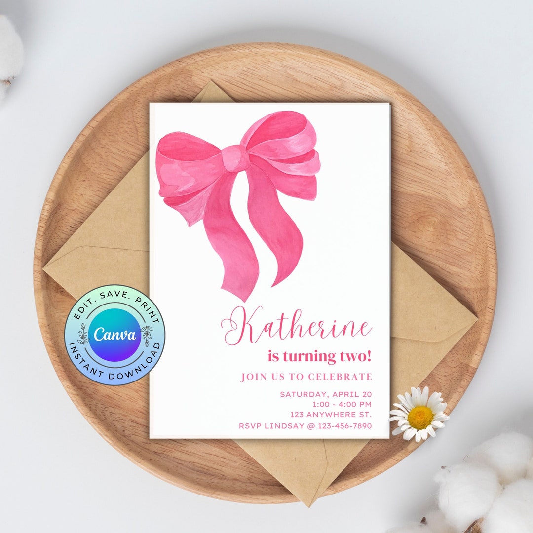 Editable Bow Invitation, Printable Pink Bow Birthday Invite, Bow Shower ...