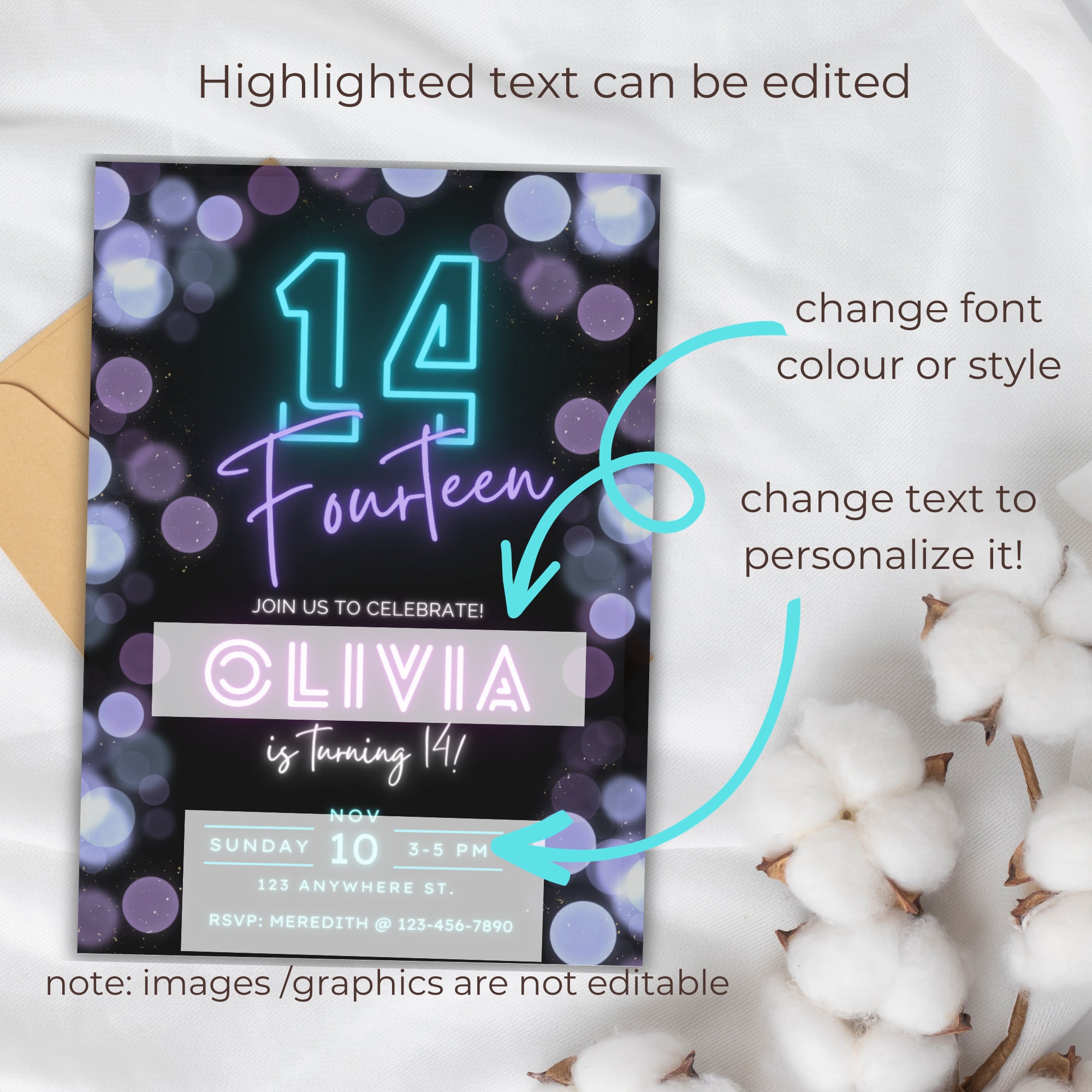 14th Birthday Invitation, Editable Neon Fourteenth Birthday Invitation ...