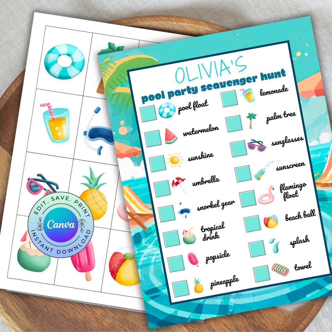 Personalizable Pool Party Scavenger Hunt, Printable Pool Party Activity ...