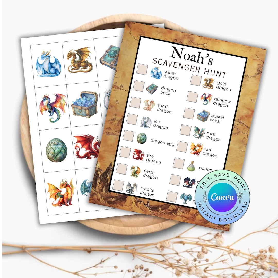Personalizable Dragon Scavenger Hunt, Printable Dragon Party Game ...