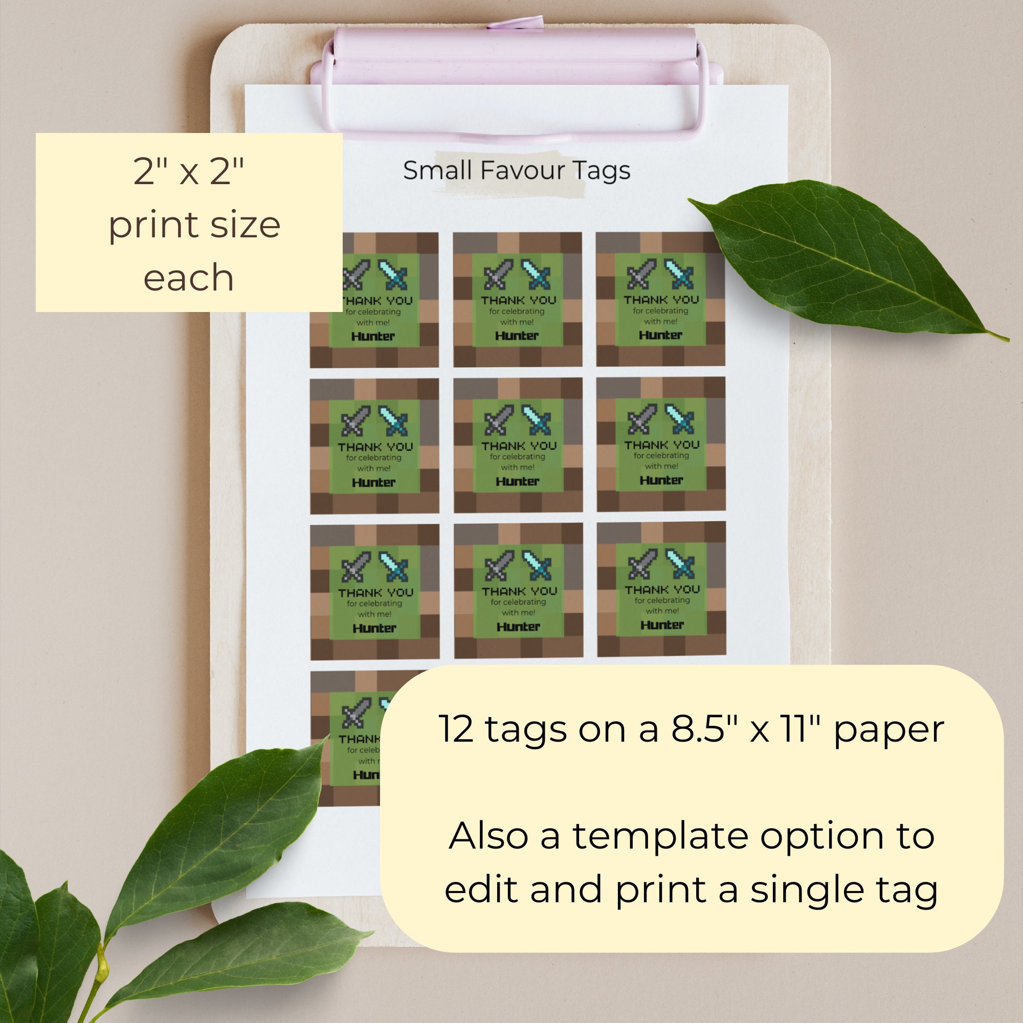 Editable Pixel Craft Favor Tag Small, Printable Video Game Thank You ...