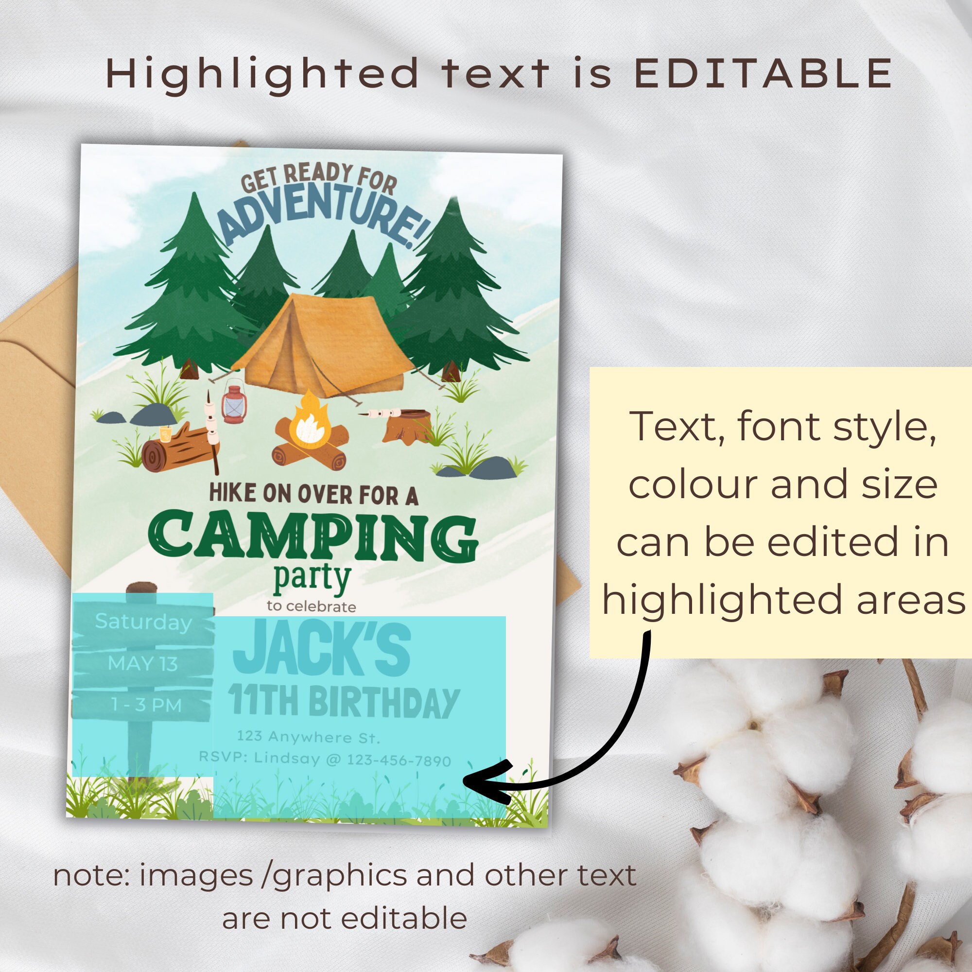 Editable Camping Birthday Invitation, Printable Camping Party Invite ...