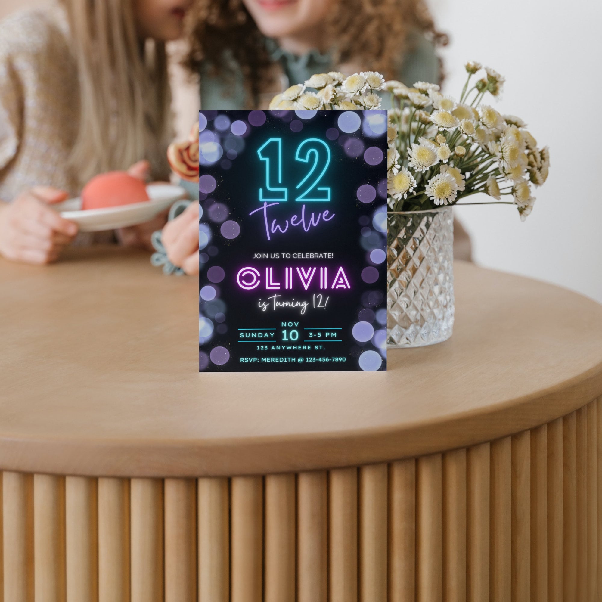 Editable 12th Birthday Invitation, Printable Neon 12 Birthday ...