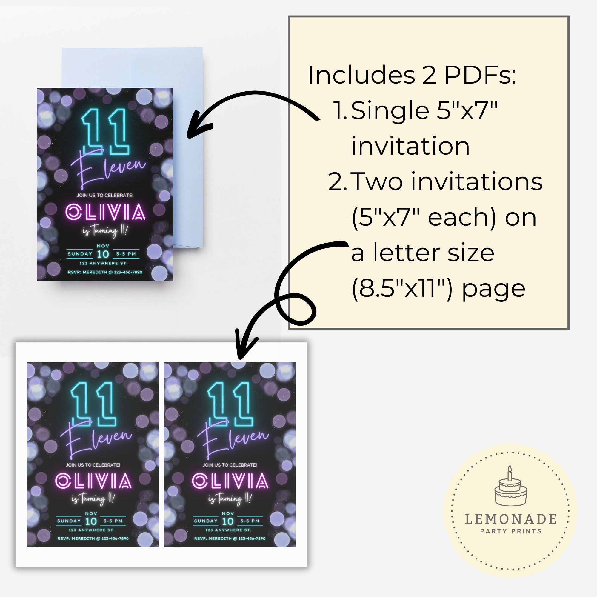 Editable 11th Birthday Invitation, Printable Neon 11th Birthday Invite ...