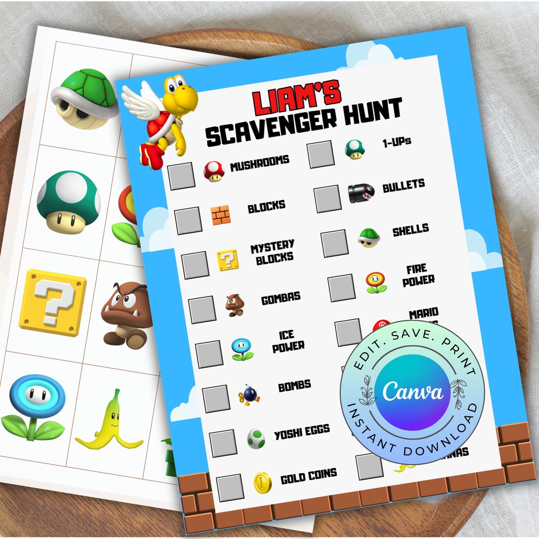 Personalizable Mario Scavenger Hunt, Printable Video Game Scavenger ...