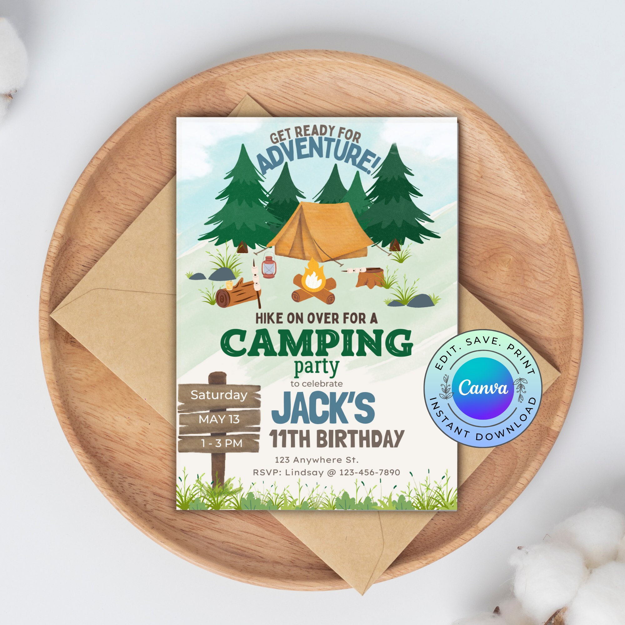 Editable Camping Birthday Invitation, Printable Camping Party Invite ...