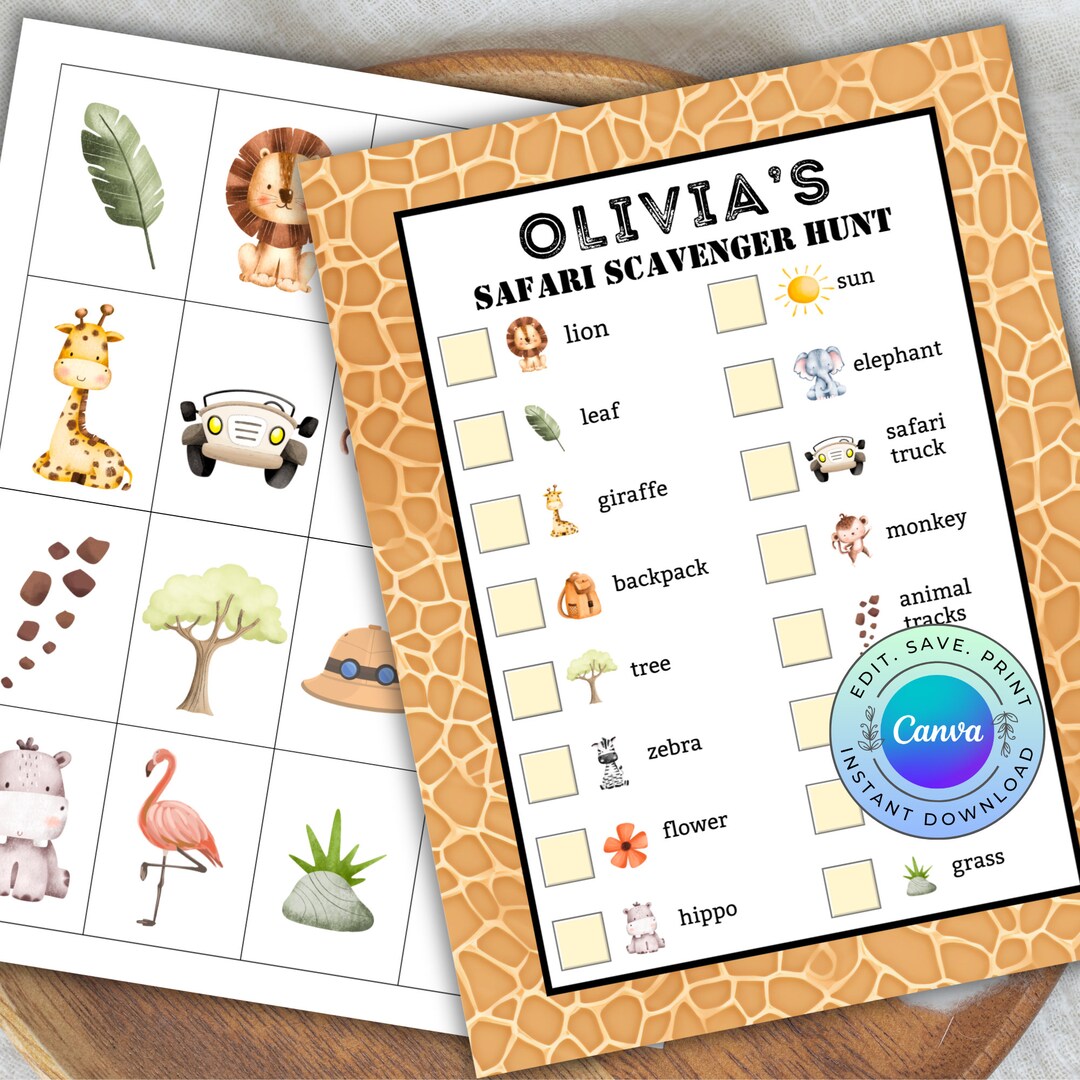Personalizable Safari Scavenger Hunt, Printable Safari Animals Treasure ...