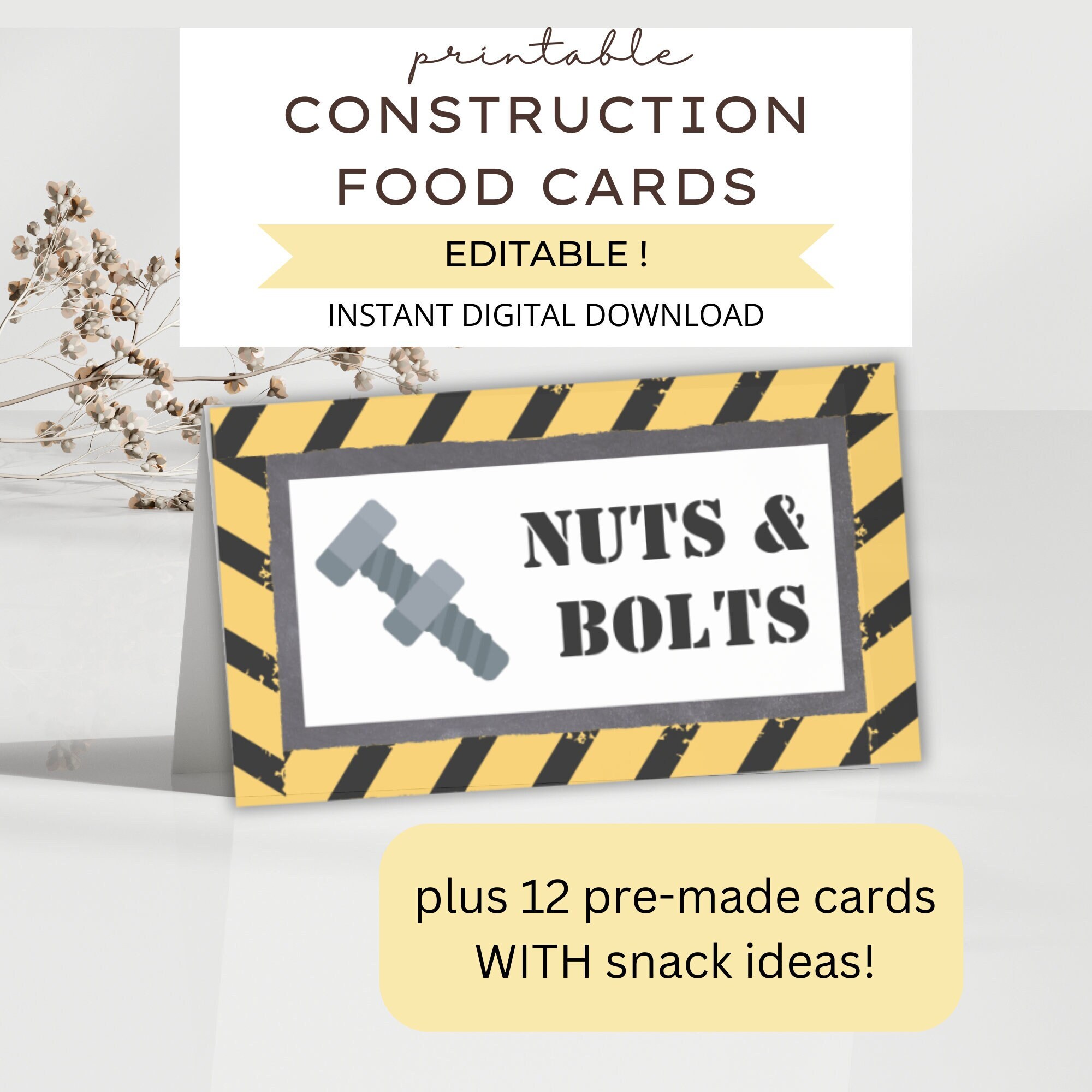 Editable Construction Birthday Food Cards, Construction Party Food ...