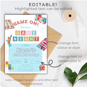 Editable Game Night Invitation, Printable Game Night Invite, Game ...