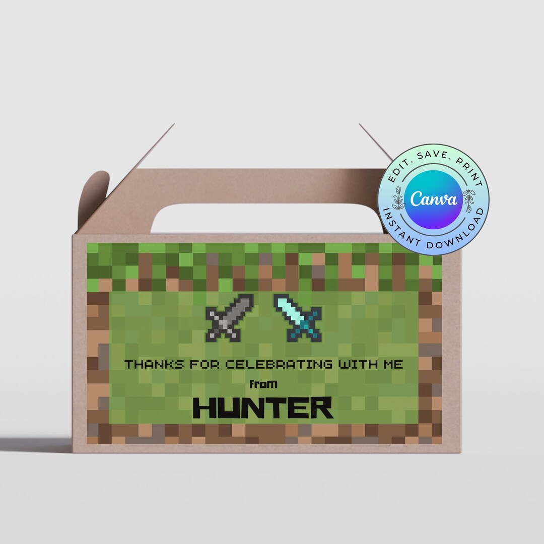 Editable Pixel Craft Gable Box Labels, Printable Pixel Craft Favor Box ...