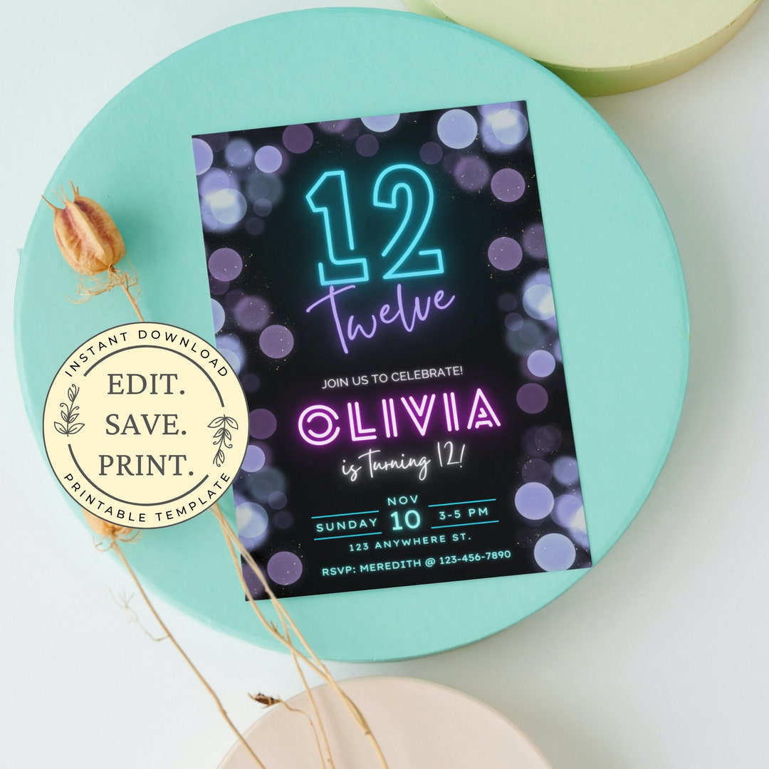 Editable 12th Birthday Invitation Printable Neon 12 Birthday - Etsy