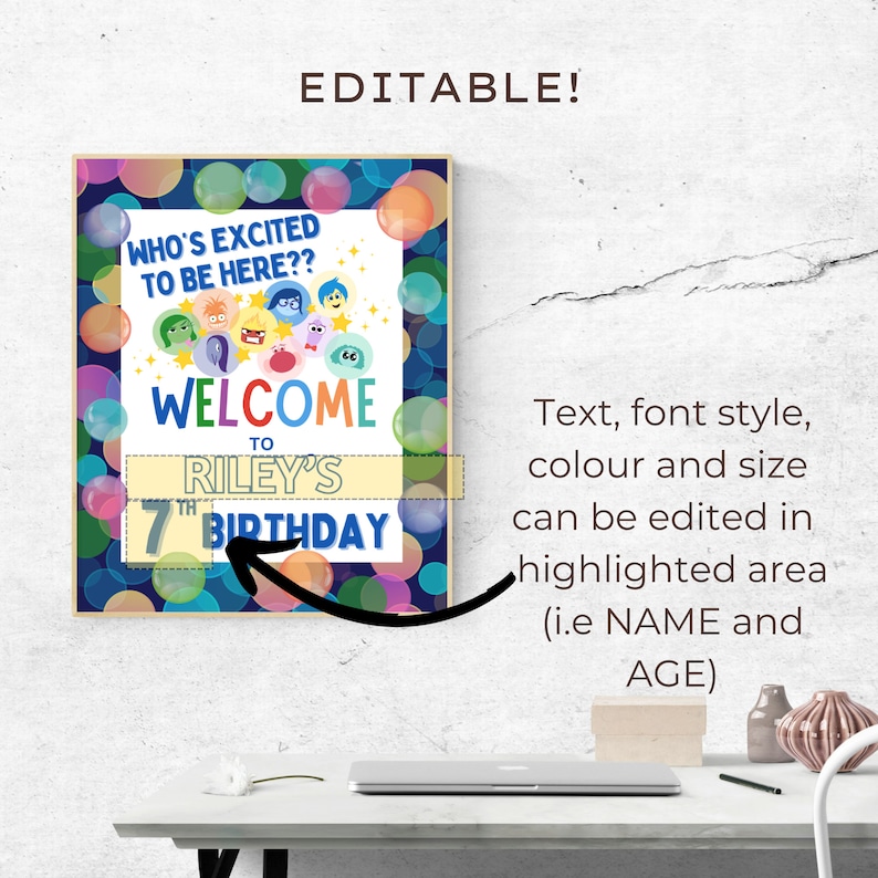 Inside Out 2 Birthday Welcome Sign, Editable Party Decor (digital ...