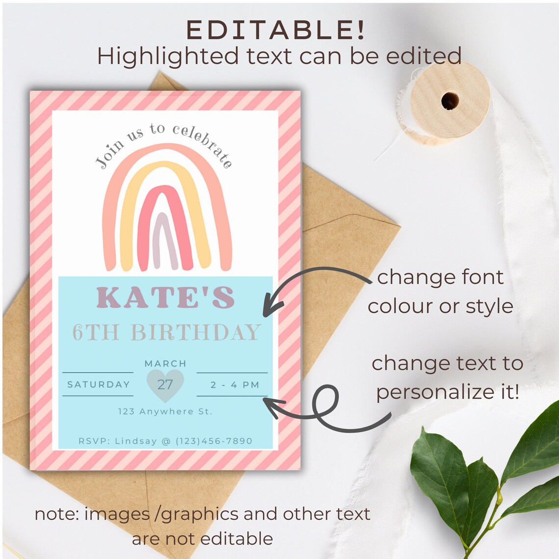 Editable Boho Rainbow Birthday Invitation, Printable Boho Party Invite ...